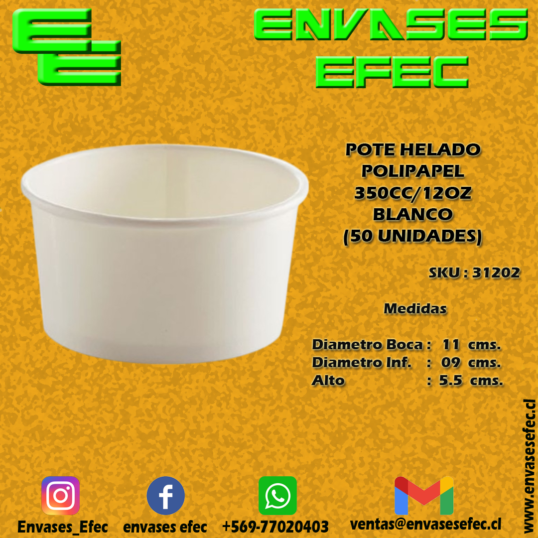 POTE HELADO POLIPAPEL 350CC/12OZ BLANCO (50 UNIDADES) – Envases EFEC